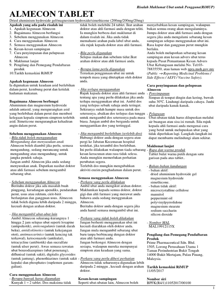 Almecon Tablet Dried Aluminium Hydroxide Gel Magnesium Hydroxide ...