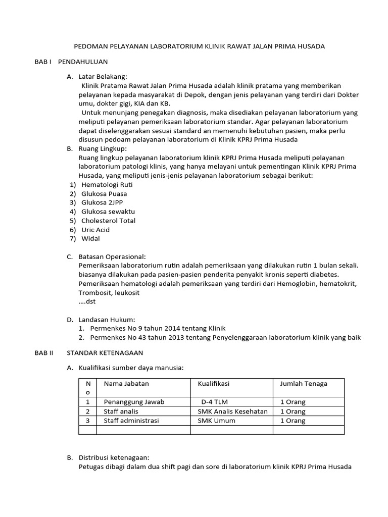 Pedoman Pelayanan Laboratorium KLINIK ABCD | PDF