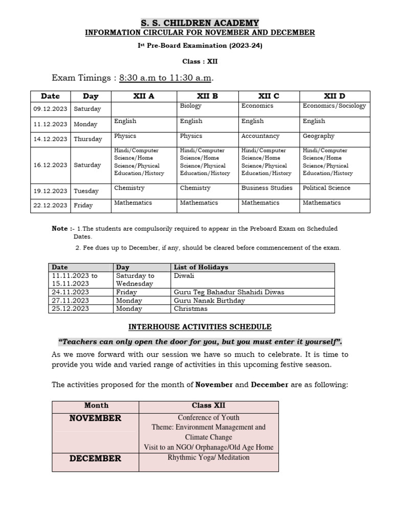 Information Circular - Nov, Dec Class - XII | PDF