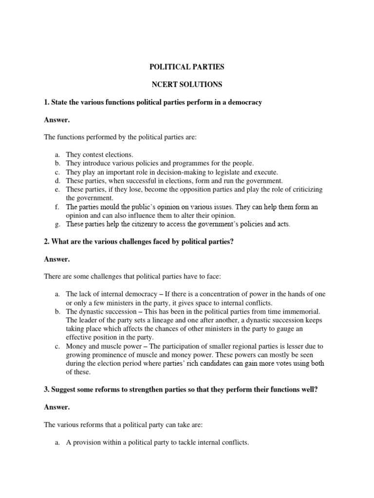 Challenges and Functions of Political Parties | PDF | Democracy ...