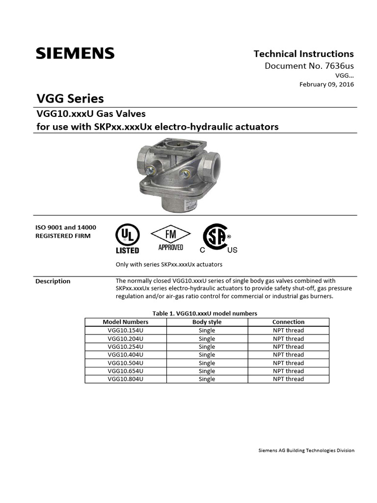 Siemens VGG10 Gas Valve Manual | PDF | Valve | Mechanical Engineering