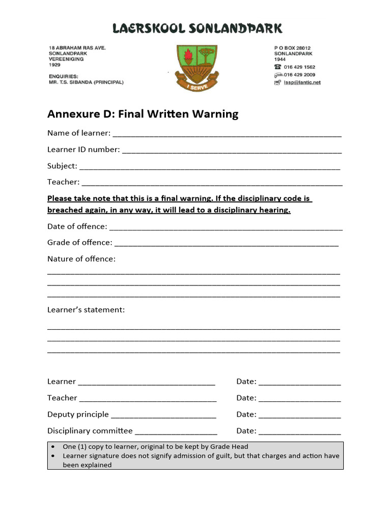 Annexure D - Final Written Warning | PDF