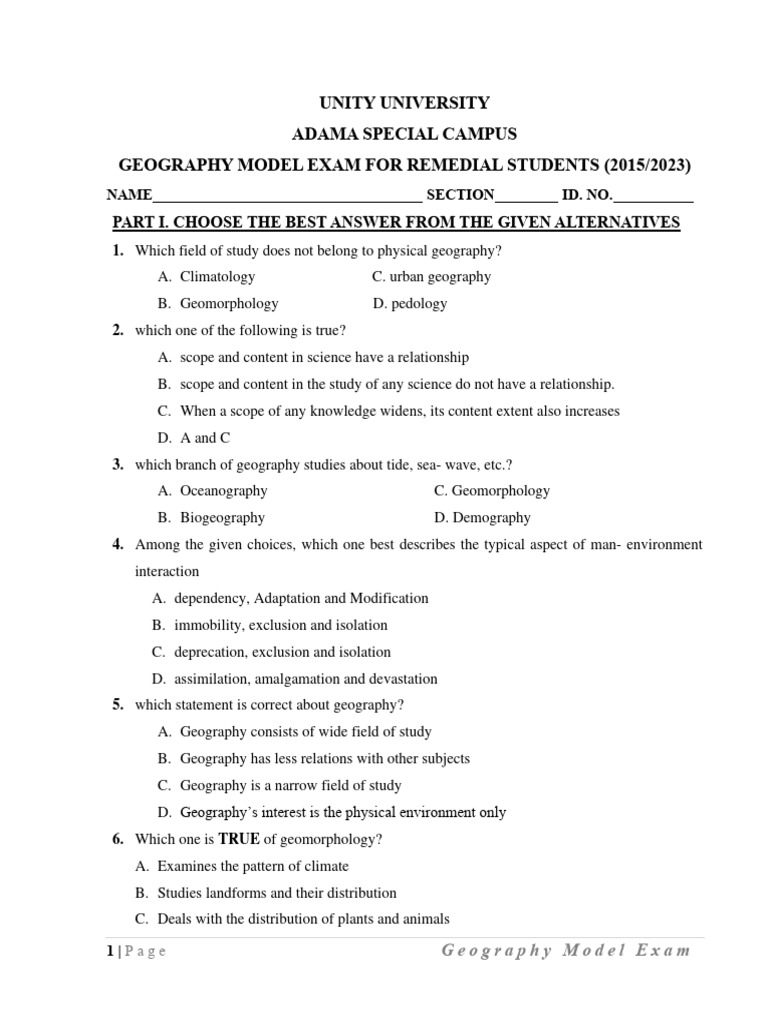 Remedial Geography Model Exam-1 | PDF | Geography | Nature Remedial Geography Model Exam-1 | PDF | Geography | Nature