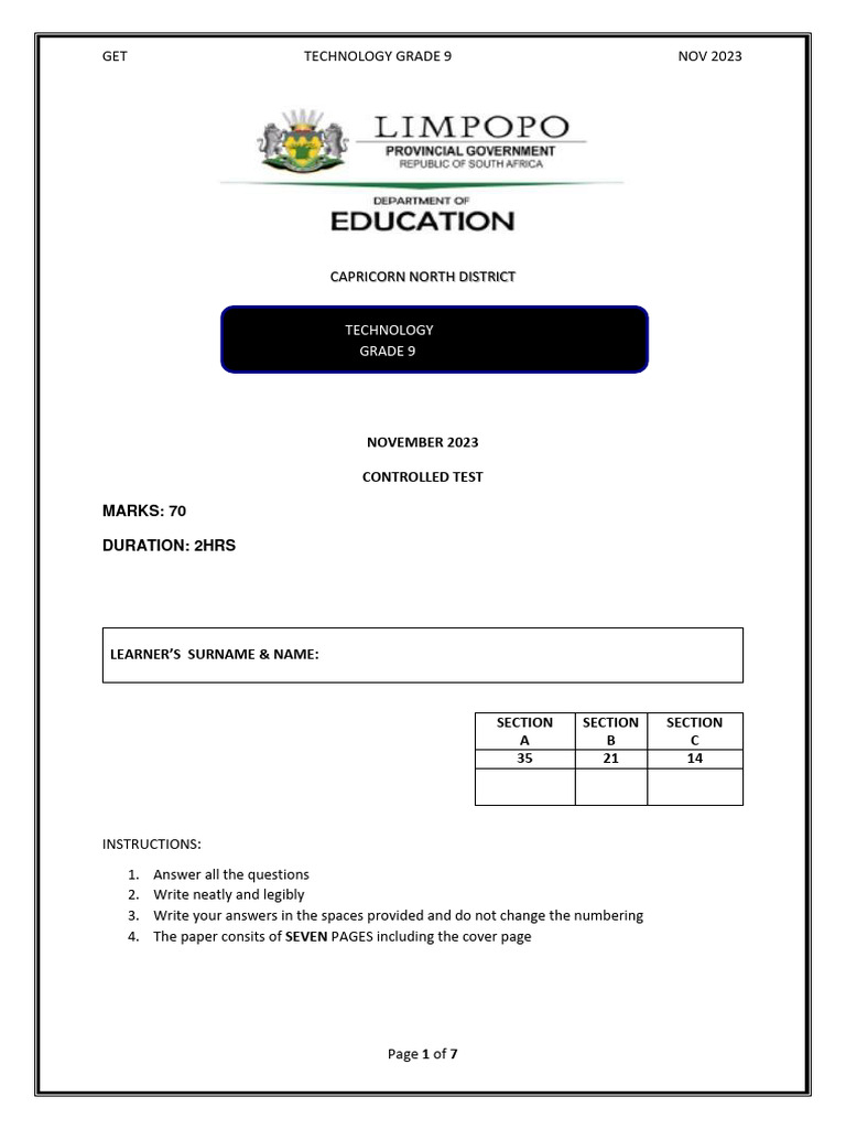 Grade 9 Technology Exam November 2023 | PDF | Electrical Resistance And ...