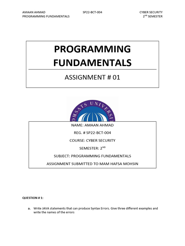 PF Assignment #01 - Amaan Ahmad - Sp22-Bct-004 | PDF | Integer (Computer Science) | Computer Science