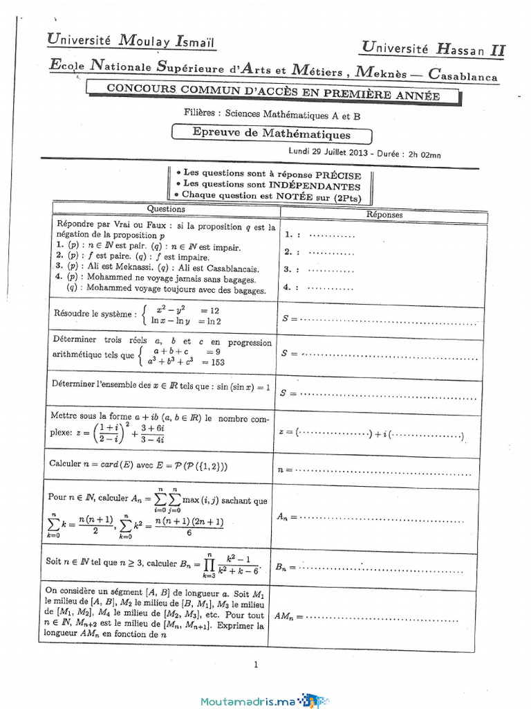 Exemple Concours Ensam SM Maths 2013 | PDF