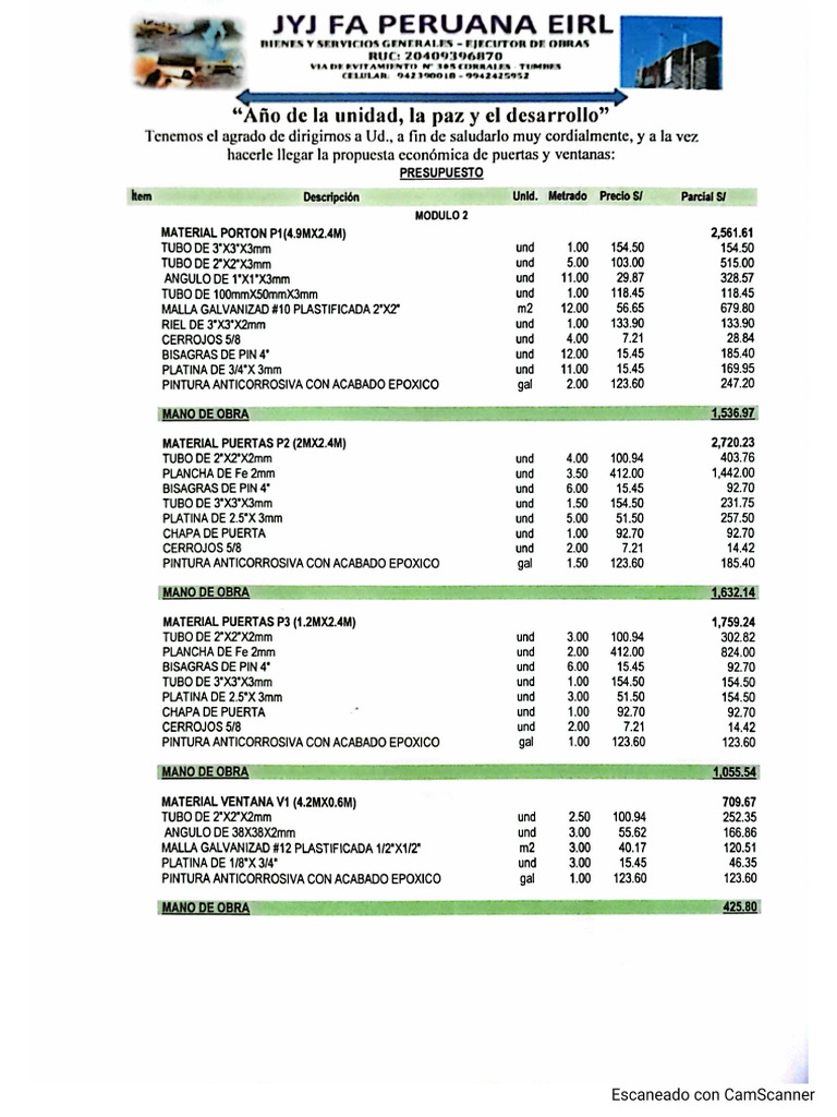Cotizacion de Puertas y Ventanas Metalicas | PDF