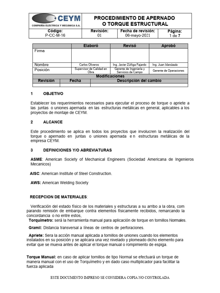 P-CC-M-16 Proc de Torque Estructuras | PDF | Tornillo | Tuerca (Hardware)