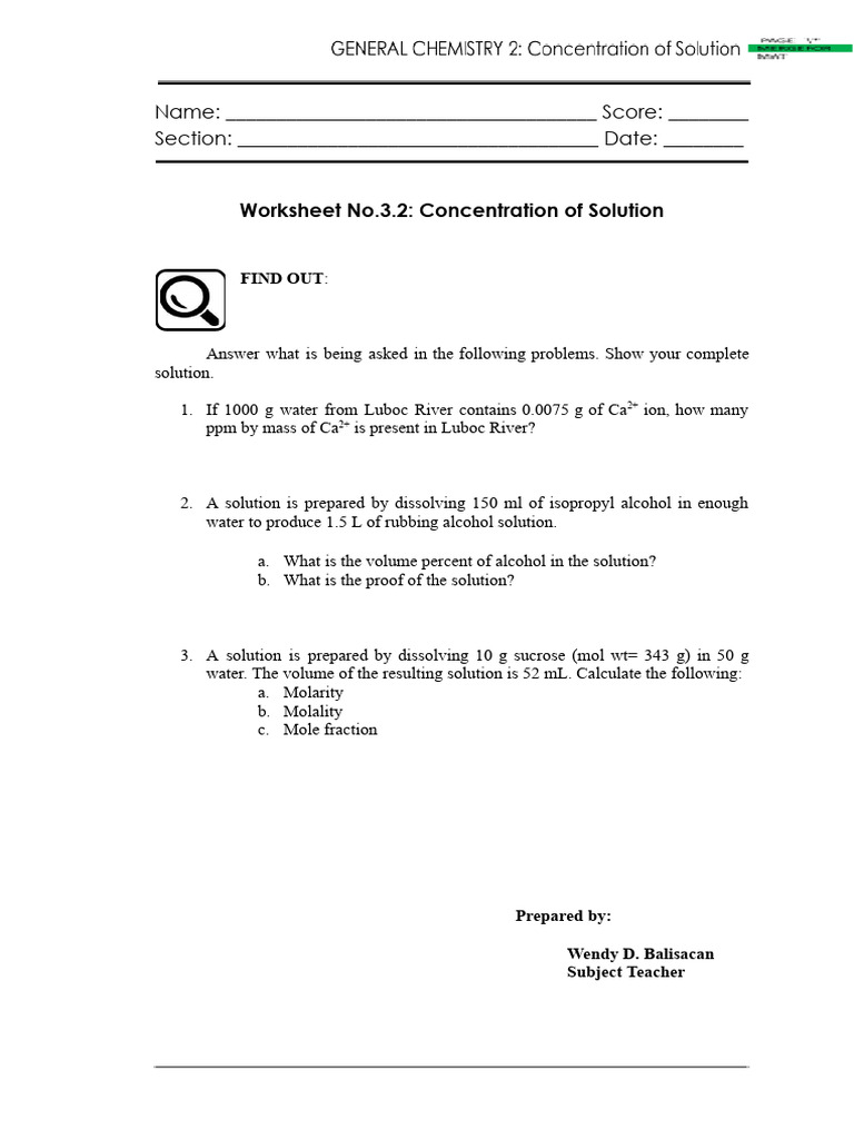 Worksheet 3.1 Concentration of Solution | PDF