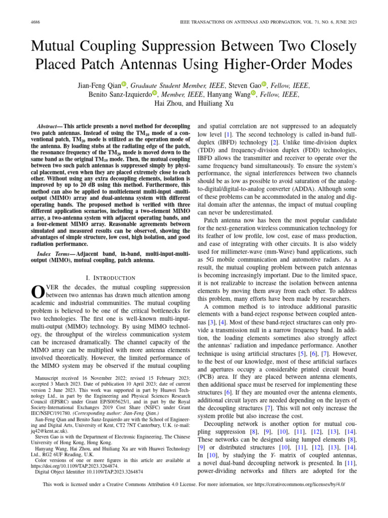Mutual Coupling Suppression Between Two Closely Placed Patch Antennas Using Higher-Order Modes ...