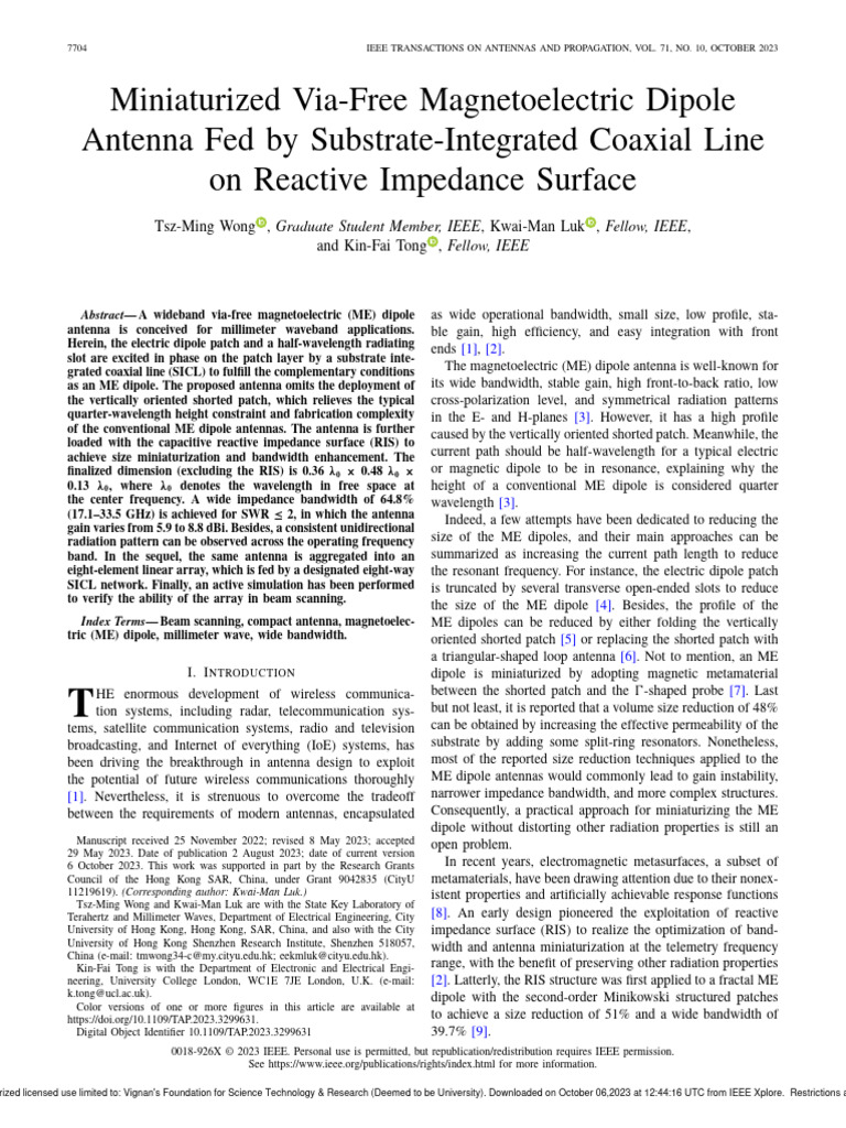 Miniaturized Via-Free Magnetoelectric Dipole Antenna Fed by Substrate ...
