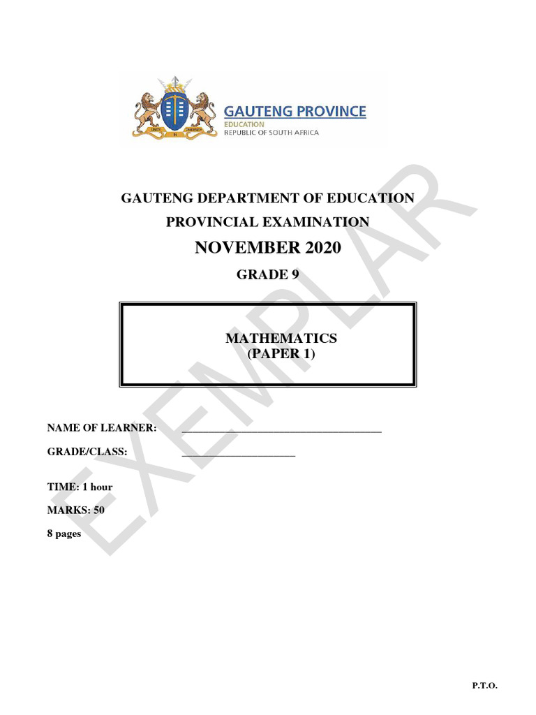 Grade 9 Provincial Examination Mathematics P1 (English) 2020 Exemplars Question Paper | PDF ...