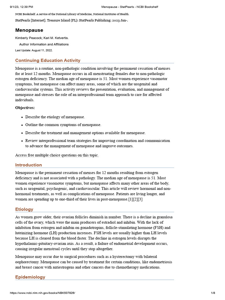 Menopause Statpearls Ncbi Bookshelf Pdf Luteinizing Hormone