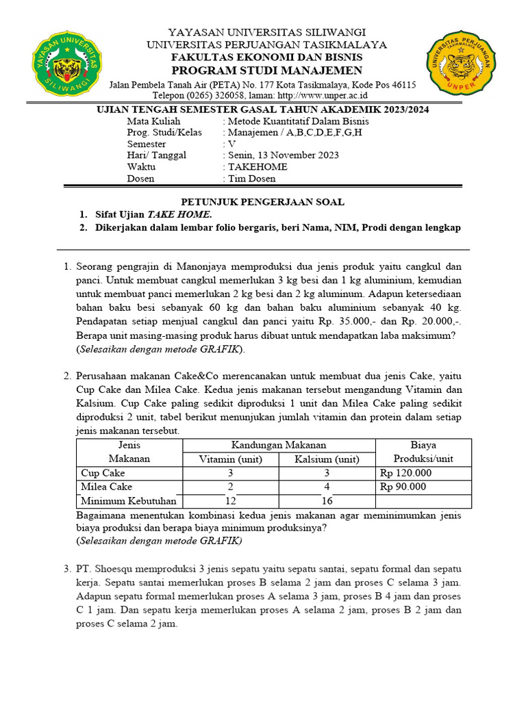 Ujian Metode Kuantitatif Bisnis | PDF | Bisnis | Griya & Taman