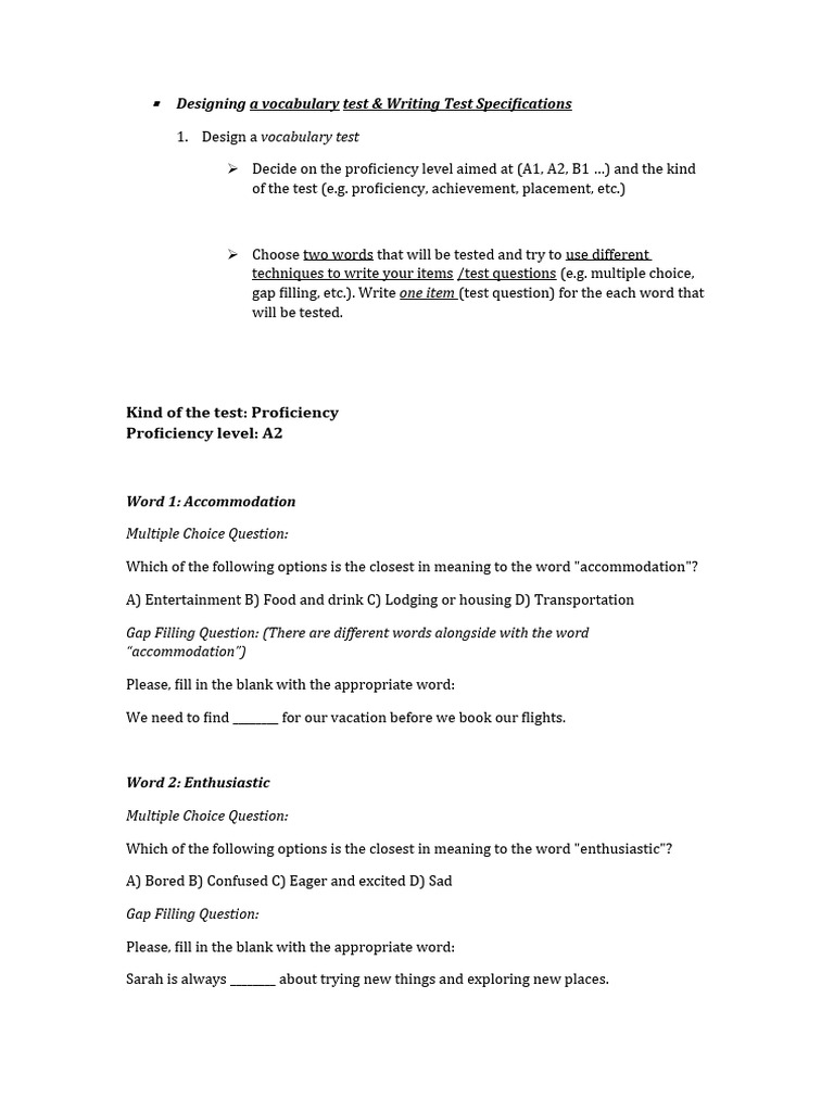 Vocabulary Test Design for A2 Proficiency | PDF