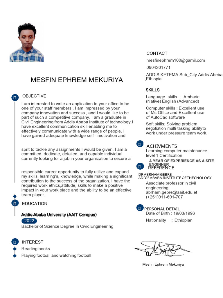 CV Mesfin | PDF | Engineering | Ethiopia