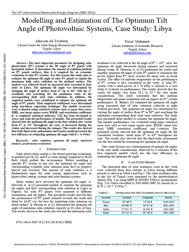 Modelling and Estimation of The Optimum Tilt Angle of Photovoltaic ...