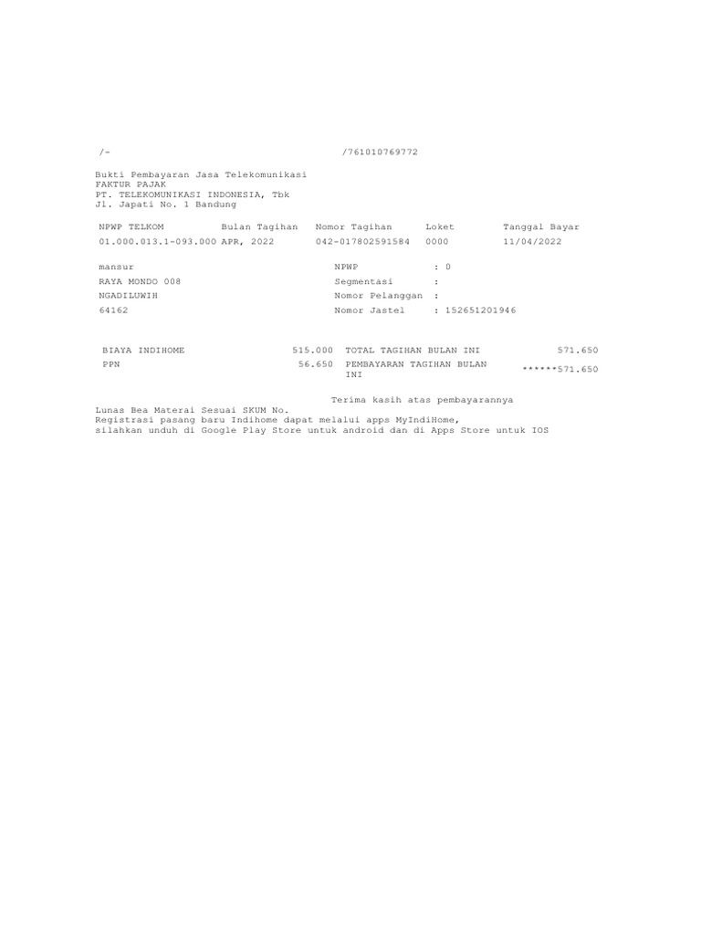 Lampiran Tagihan Indihome 152651201946 Anda | PDF