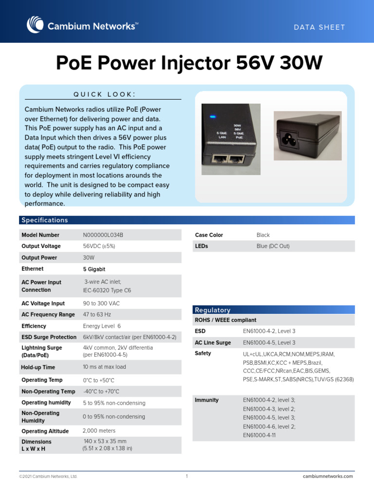 Cambium-Networks Datasheet PoE Power Injector 56V 30W N000000L034B ...