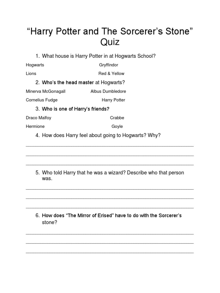 Harry Potter and The Sorcerer Stone Quiz | PDF | Fictional Universes ...