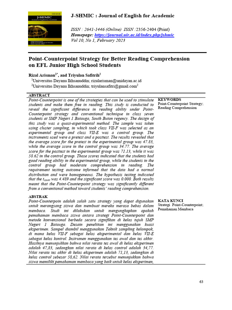 Point-Counterpoint Strategy in EFL Reading | PDF | Statistics | Student ...