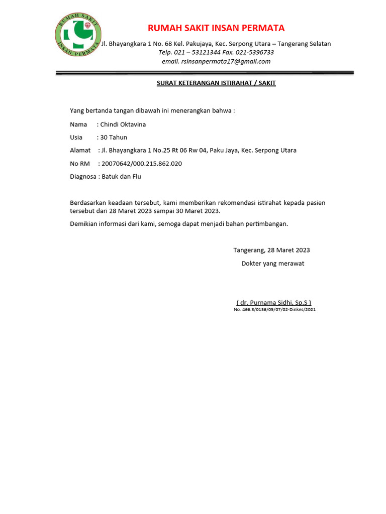 Rumah Sakit Insan Permata: Surat Keterangan Istirahat / Sakit | PDF