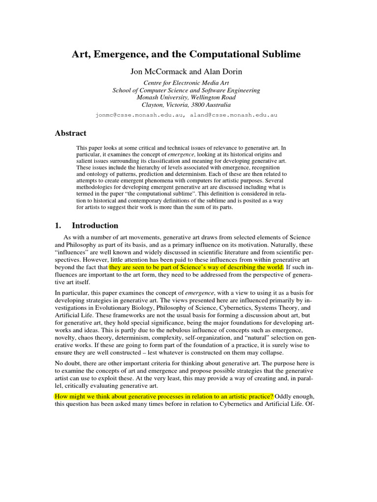 MCCORMACK - Art, Emergence, Sublime | PDF | Emergence | Experience