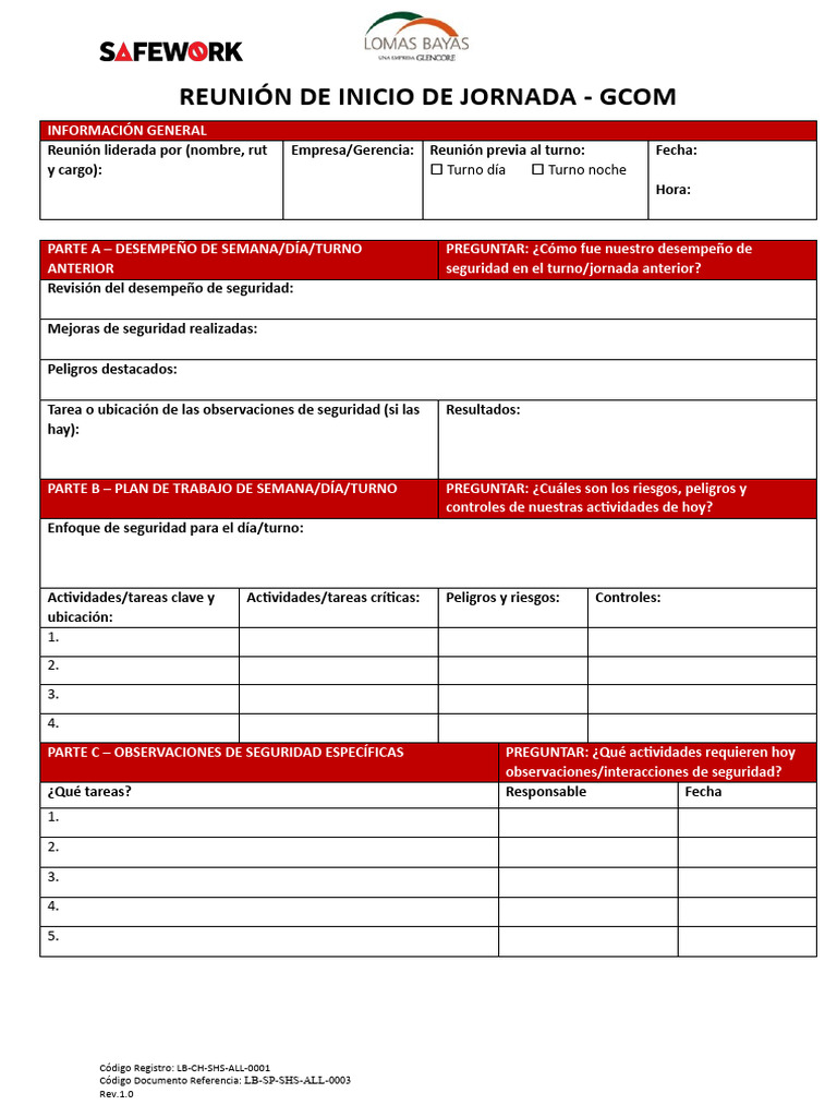 LB-CH-SHS-ALL-0001 Formulario de Reunión de Inicio de Jornada GCOM Rev. 01 | PDF