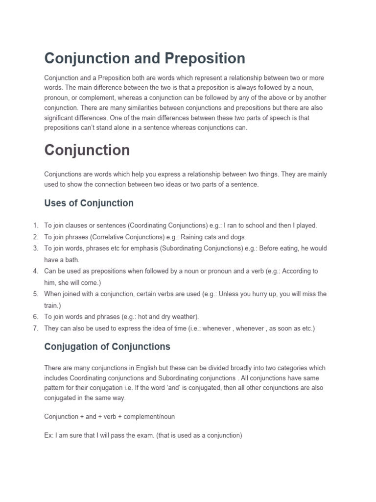 Conjunctions vs Prepositions Explained | PDF | Preposition And ...