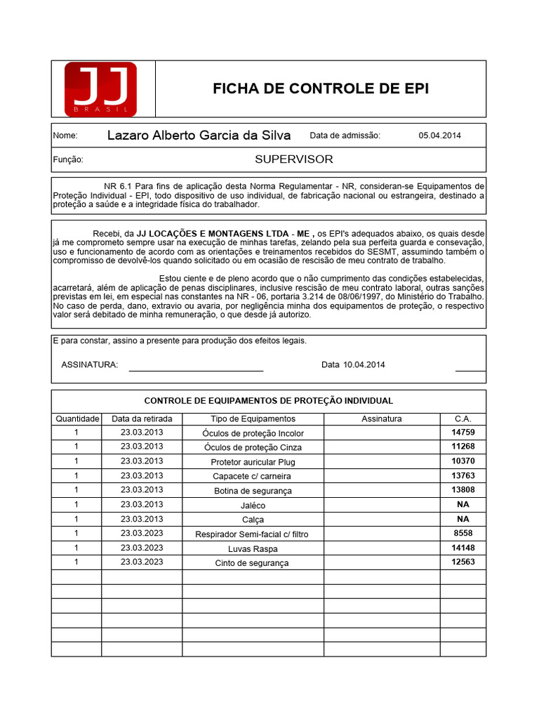 Ficha de Controle de Epi | PDF