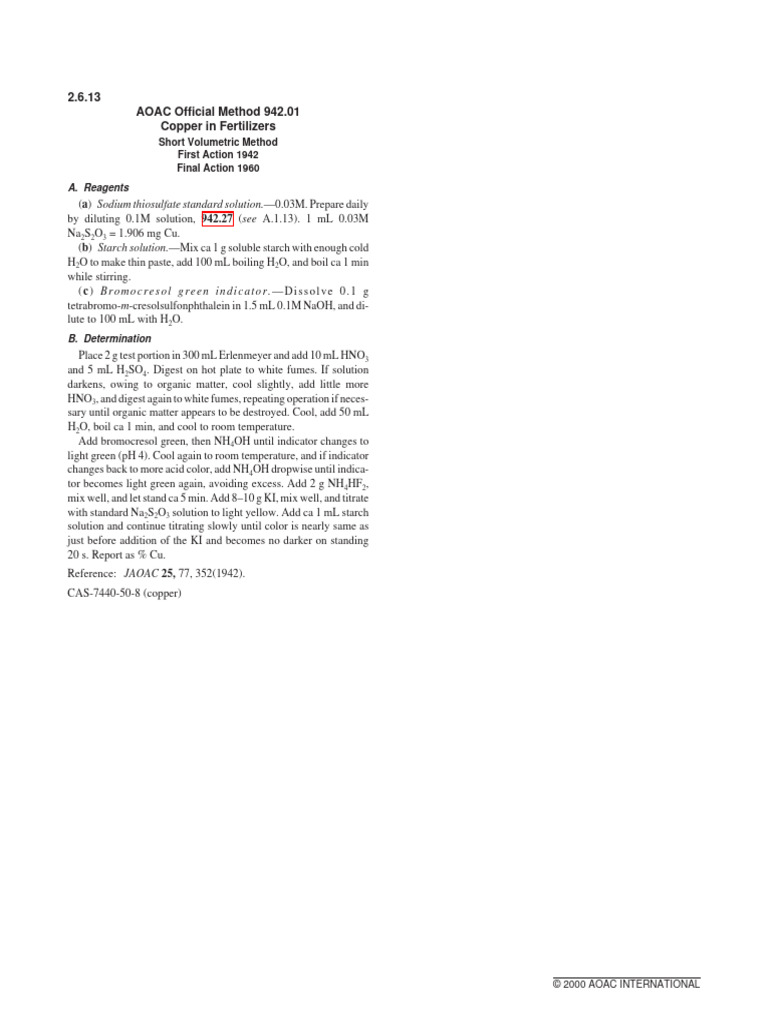 AOAC Official Method 942.01 Copper in Fertilizers Short Volumetric Method | PDF