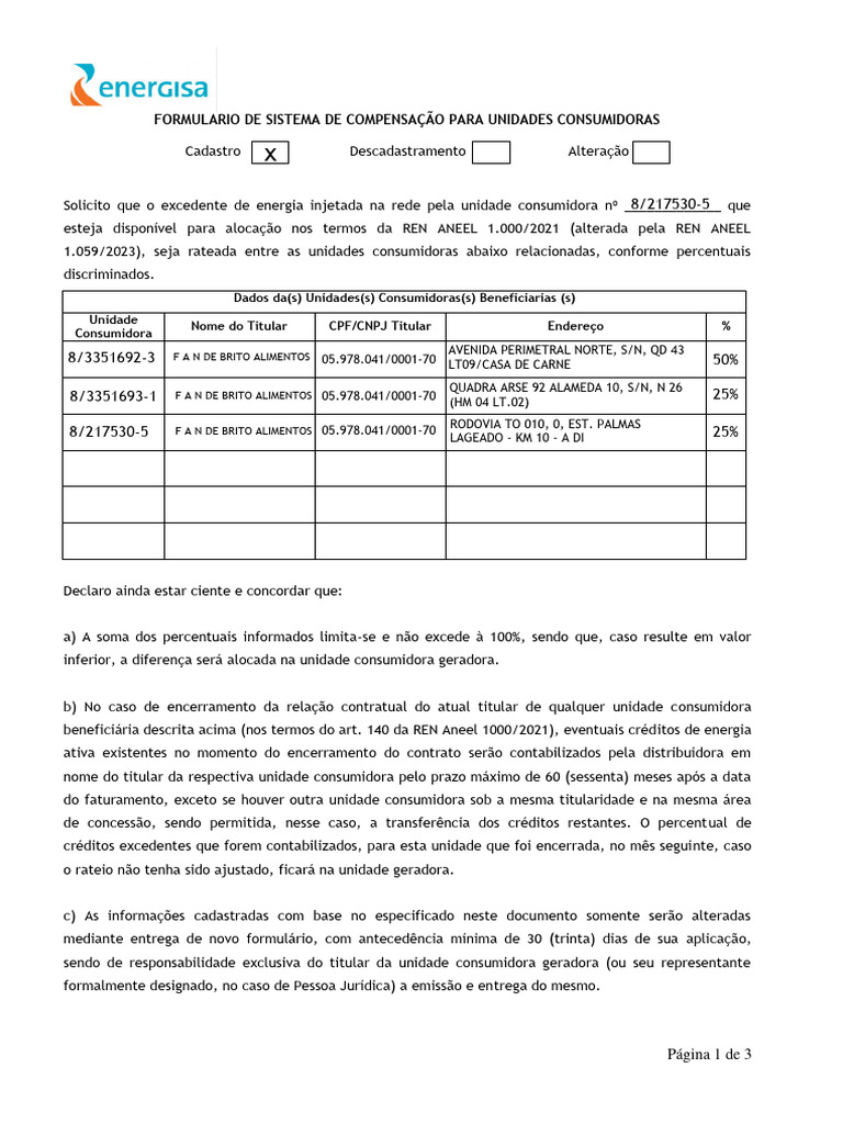 Formulario de Sistema de Compensacao de Unidades Consumidoras | PDF