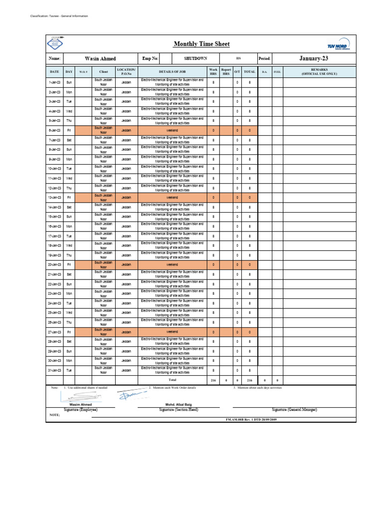 Jan2023_Wasim Timesheet | PDF