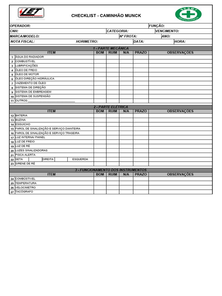 Checklist de Inspeção Caminhão Munck | PDF | Indústria automobilística ...