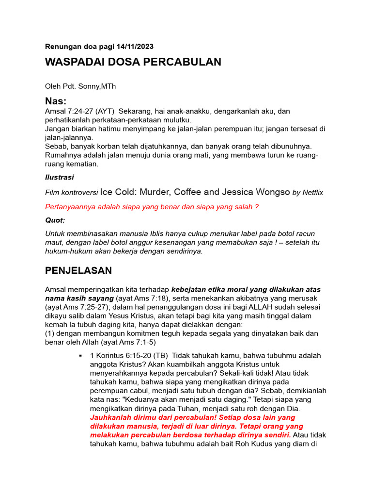 Amsal 7 Waspada Dosa Zinah Yang Mematikan Kita | PDF | Hukum | Agama & Spiritualitas