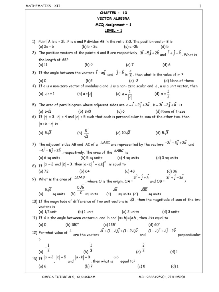 Vector Algebra MCQ Asgn-1 | PDF | Euclidean Vector | Linear Algebra