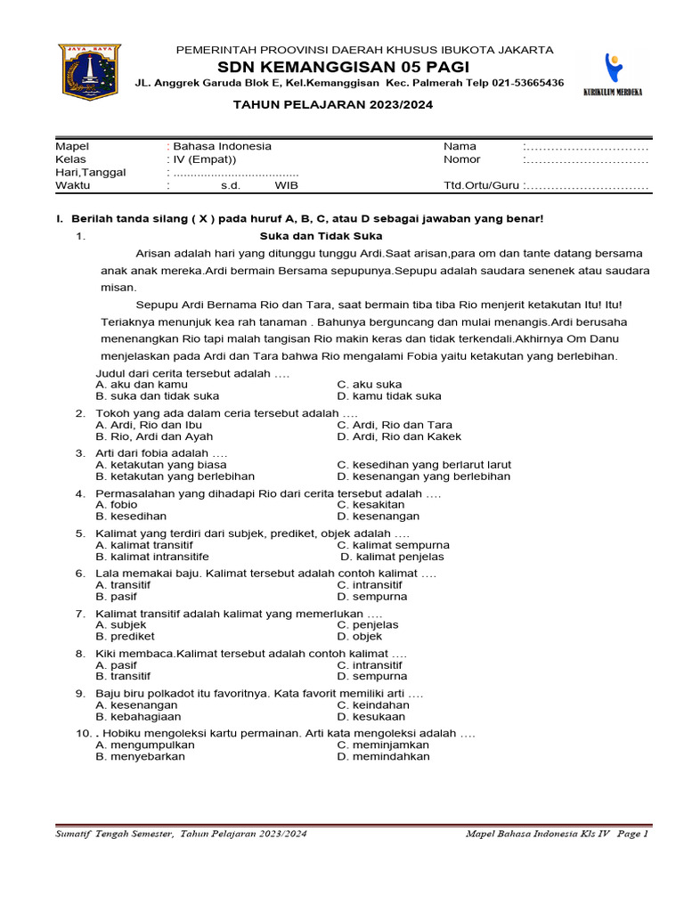 Soal STS B.indonesia Kls4B 2023-2024 | PDF