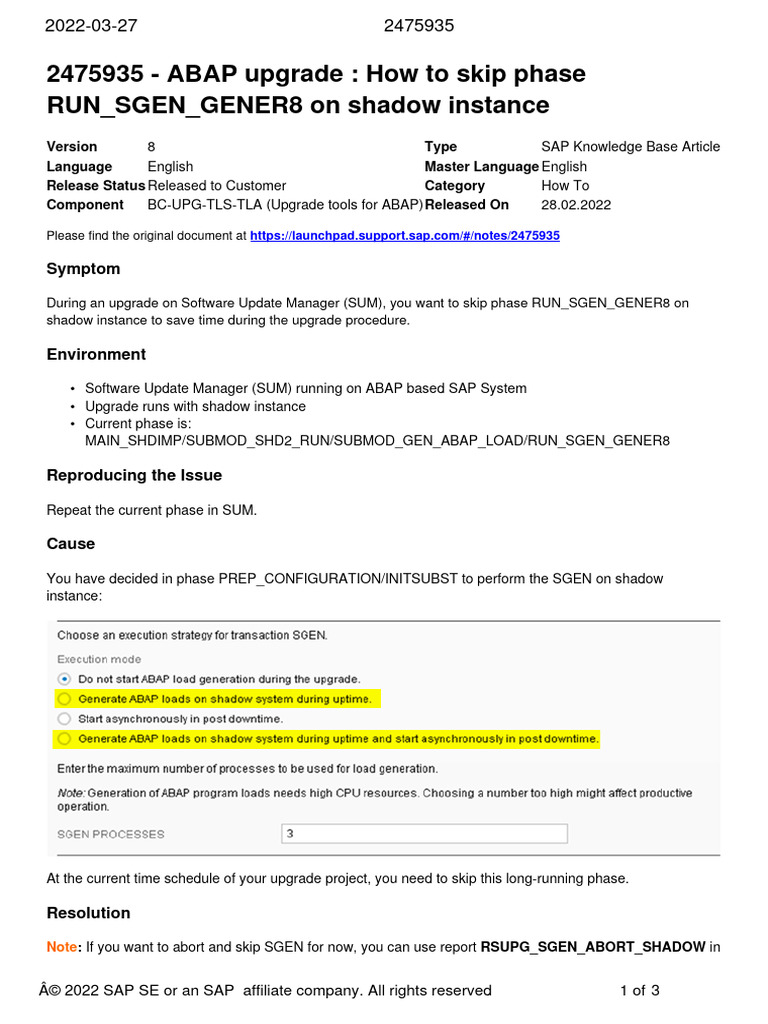 ABAP Upgrade: How To Skip Phase RUN - SGEN - GENER8 On Shadow Instance | PDF | Computer ...