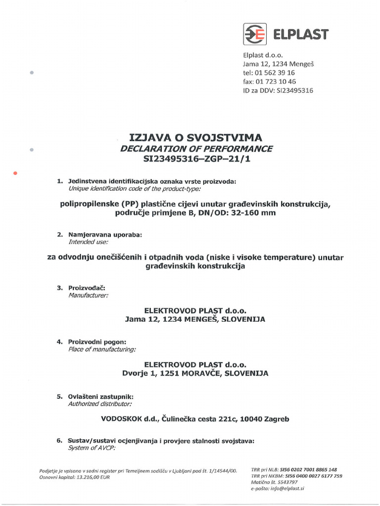 Izjava o svojstvima 2021 EL.VOD | PDF