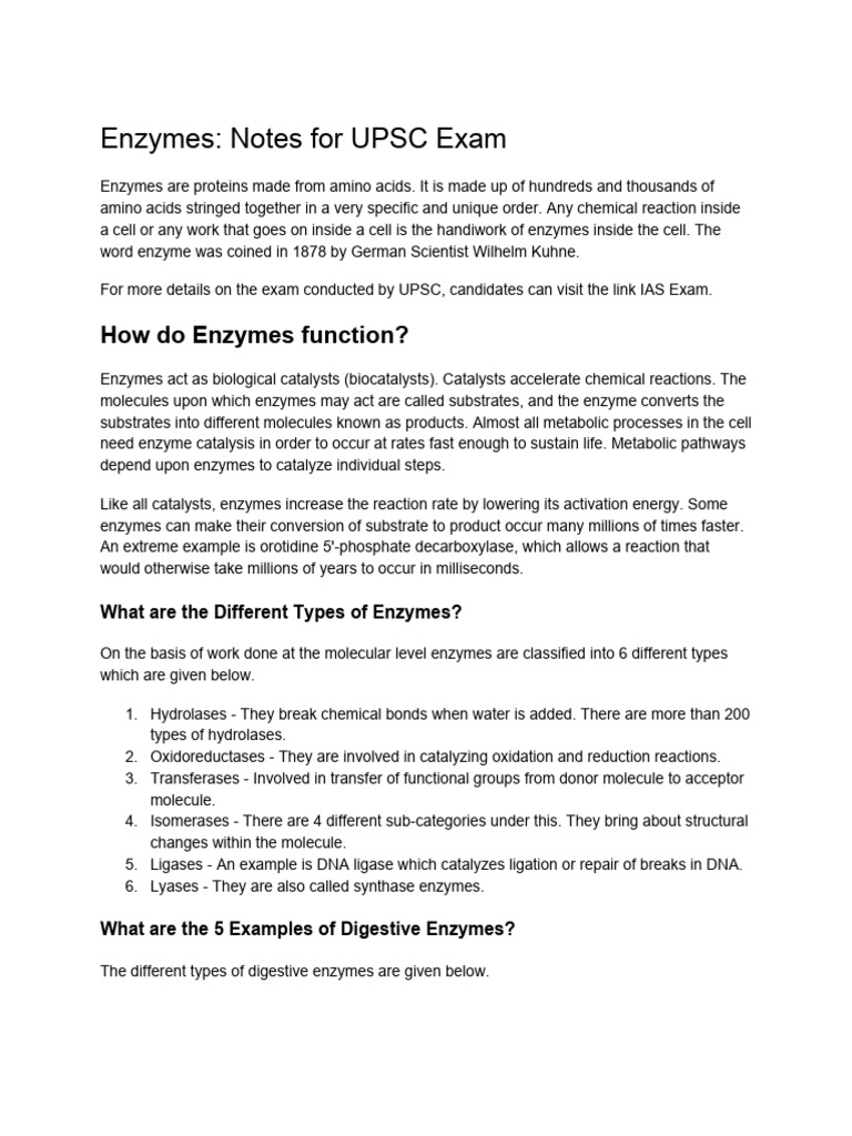 Enzymes - Notes For UPSC Exam | PDF | Enzyme | Catalysis