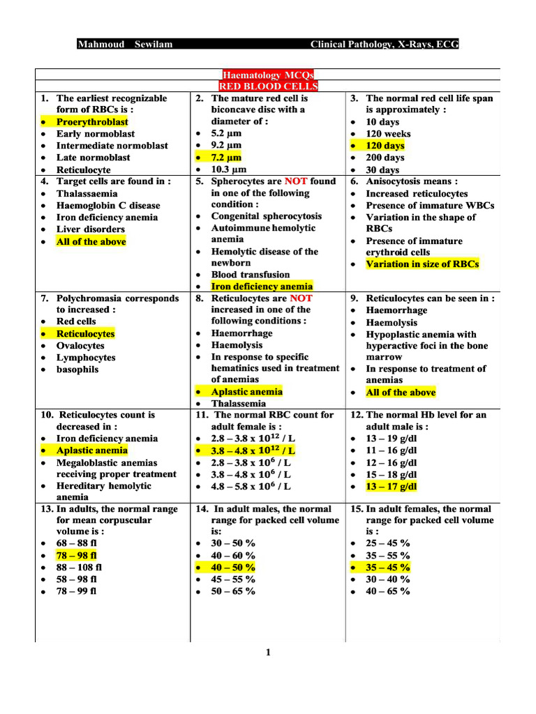 Qdoc - Tips - 06 Clinical Pathology Mcqs With Answers 1 | PDF | Anemia ...