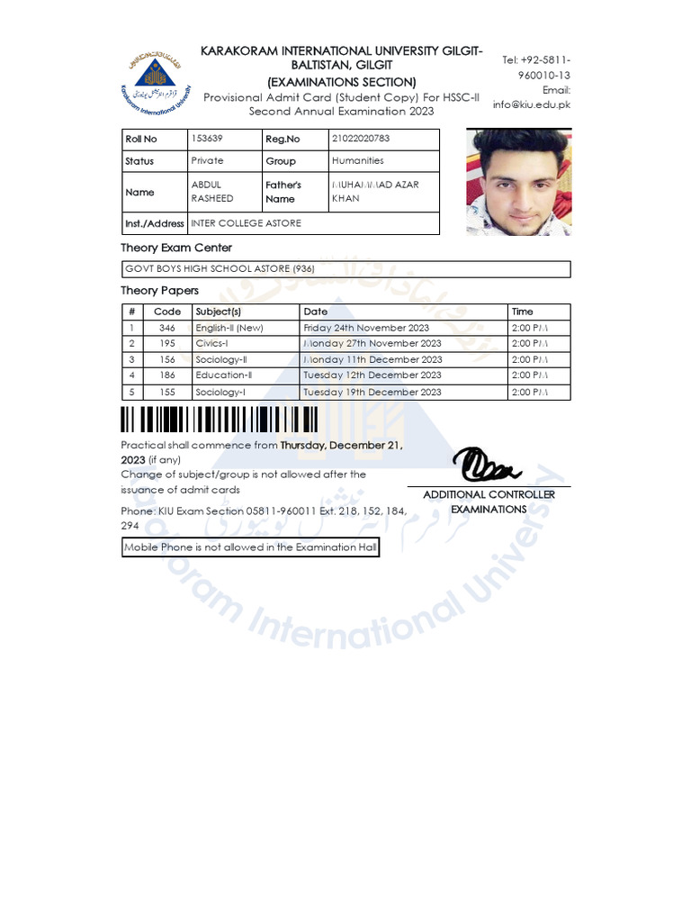 Student Admit Card - KIU Examination Board | PDF