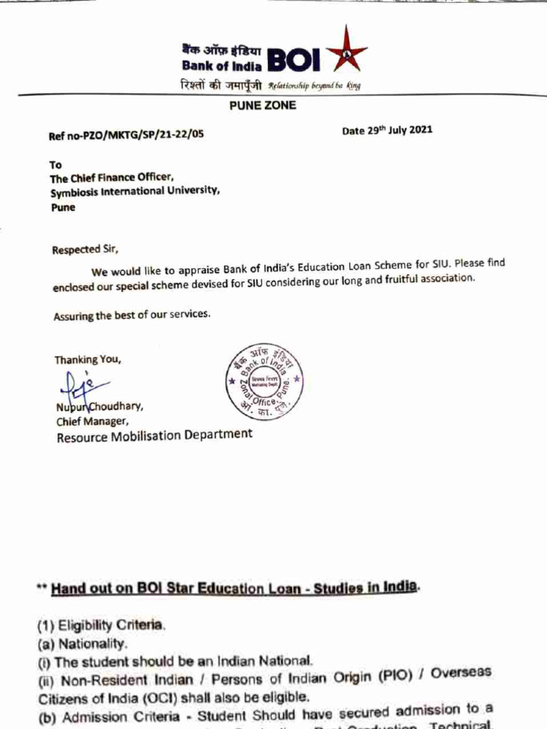 BOI Education Loan Offer Letter | PDF