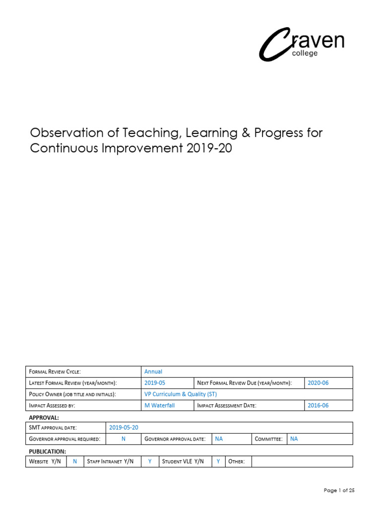 Observation of Teaching Learning and Progress For Continuous Improvement Policy 2019 20 | PDF ...