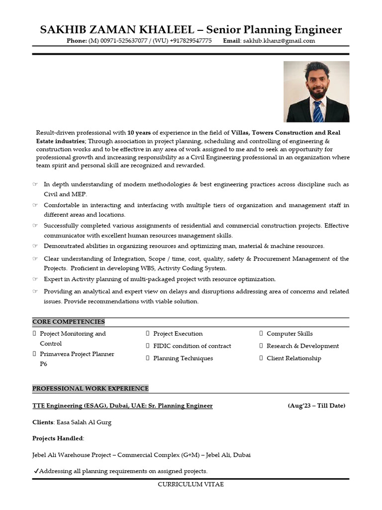 CV - Sakhib Zaman Khaleel - Planning Engineer | PDF | Dubai | Procurement