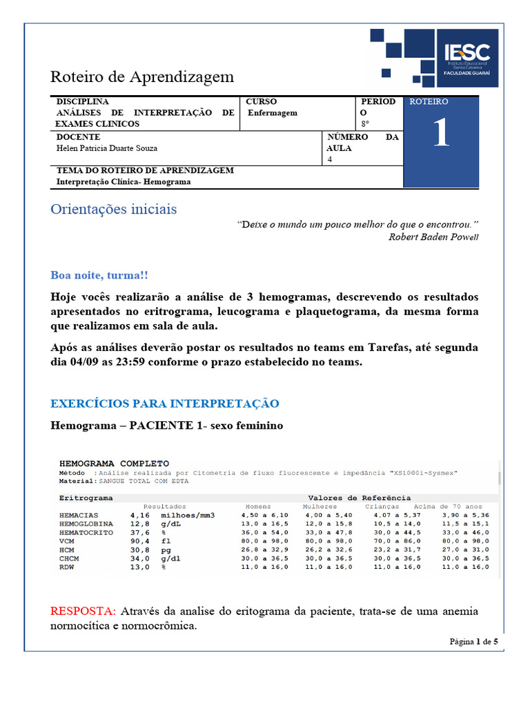 Roteiro de Aprendizagem-Interpretação Clinica | PDF | Anemia ...