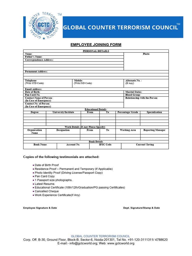 Employee Joining Form | PDF