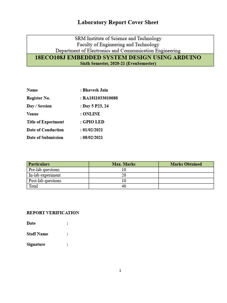 (RA1811033010088) 18ECO108J - LAB Exp 2 | PDF | Arduino | Input/Output