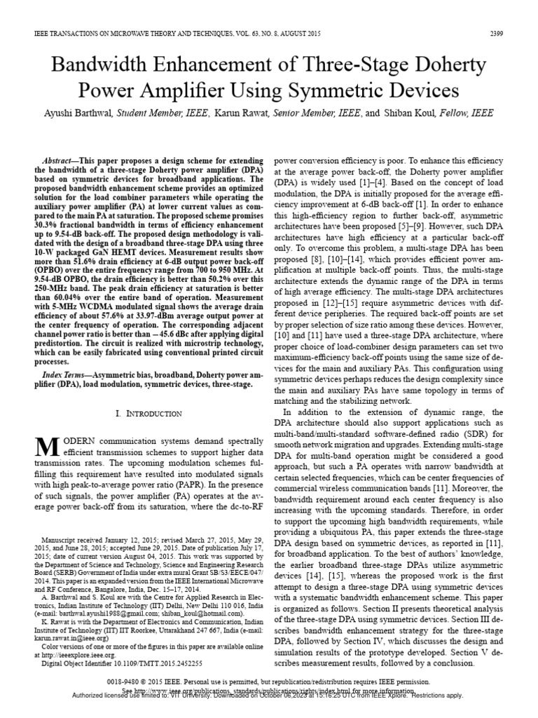 Bandwidth Enhancement of Three-Stage Doherty Power Amplifier Using Symmetric Devices | PDF ...