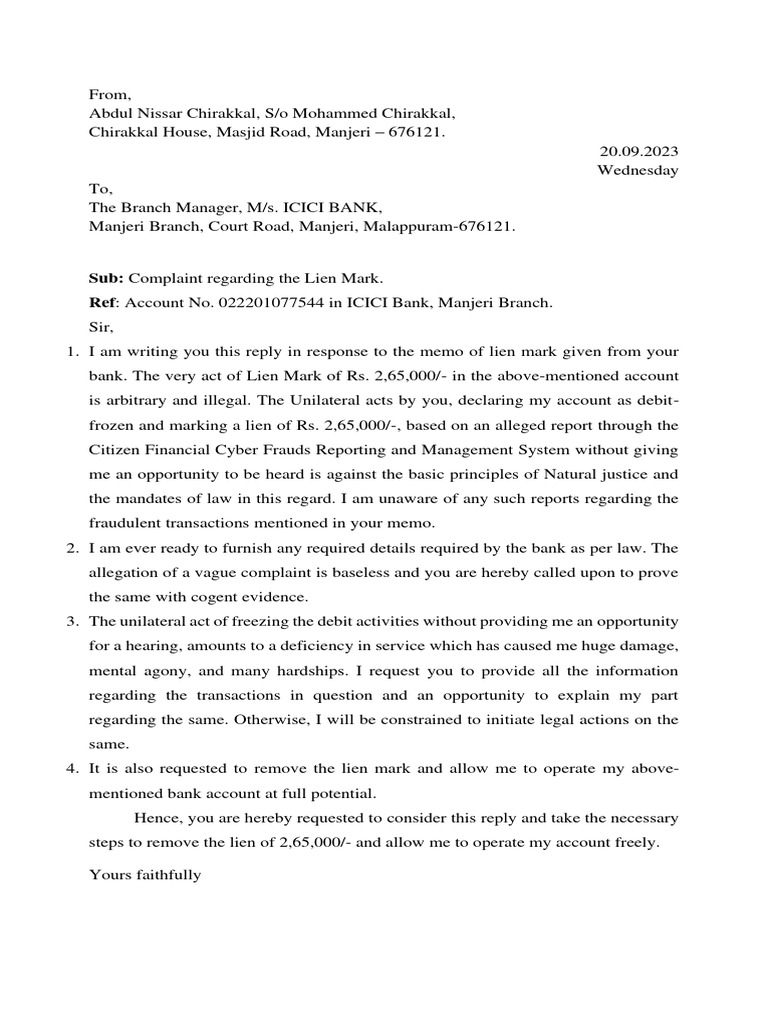 Bank Lien Complaint Letters | PDF | Debit Card | Fraud